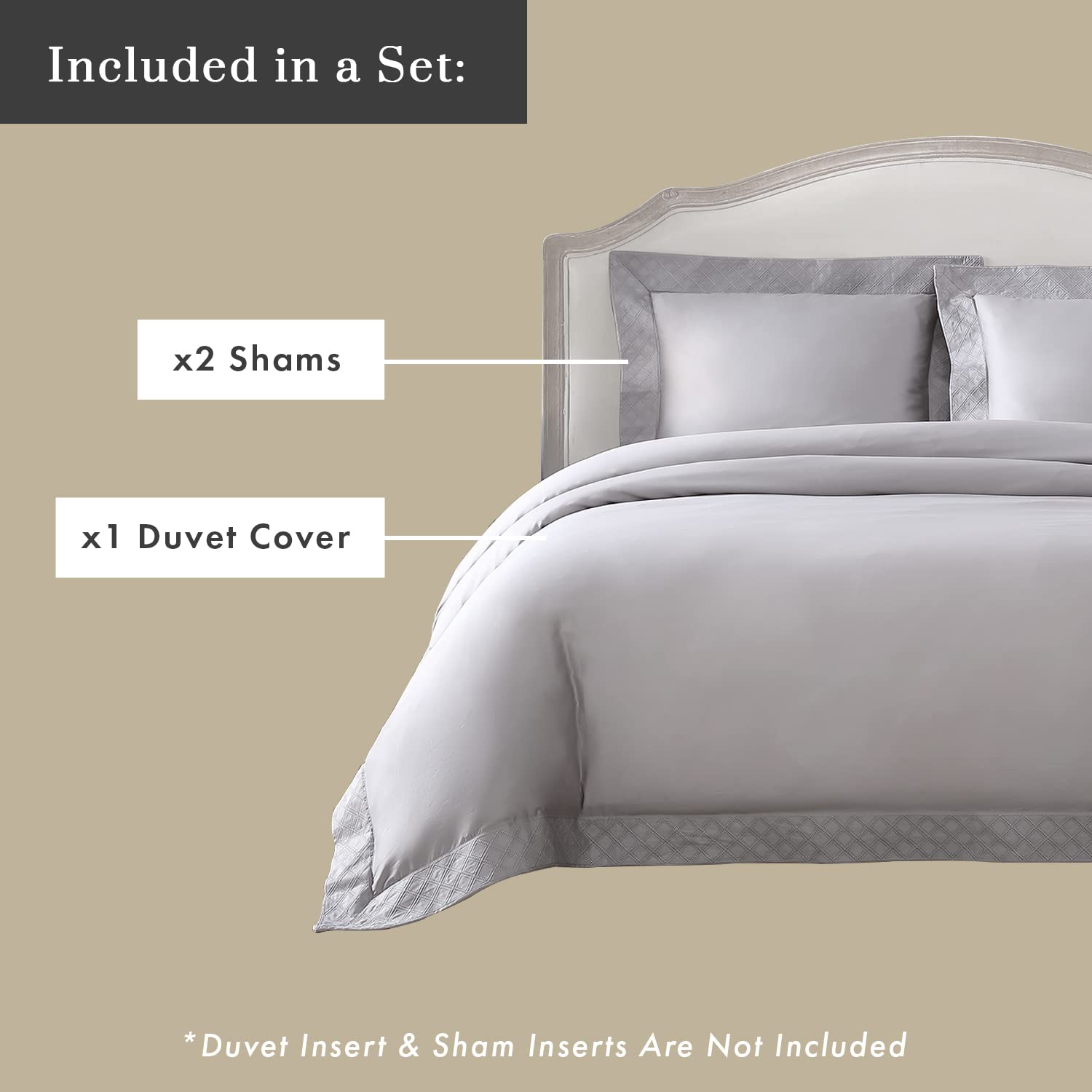 Hotel Collection Hira Sateen Duvet Cover Set, 100% Long Staple Certified Giza Egyptian Cotton, Cool, Breathable, Natural, Sustainable, Diamond Embroidery, Duvet Cover & 2 Shams (Grey, King/Cal King)