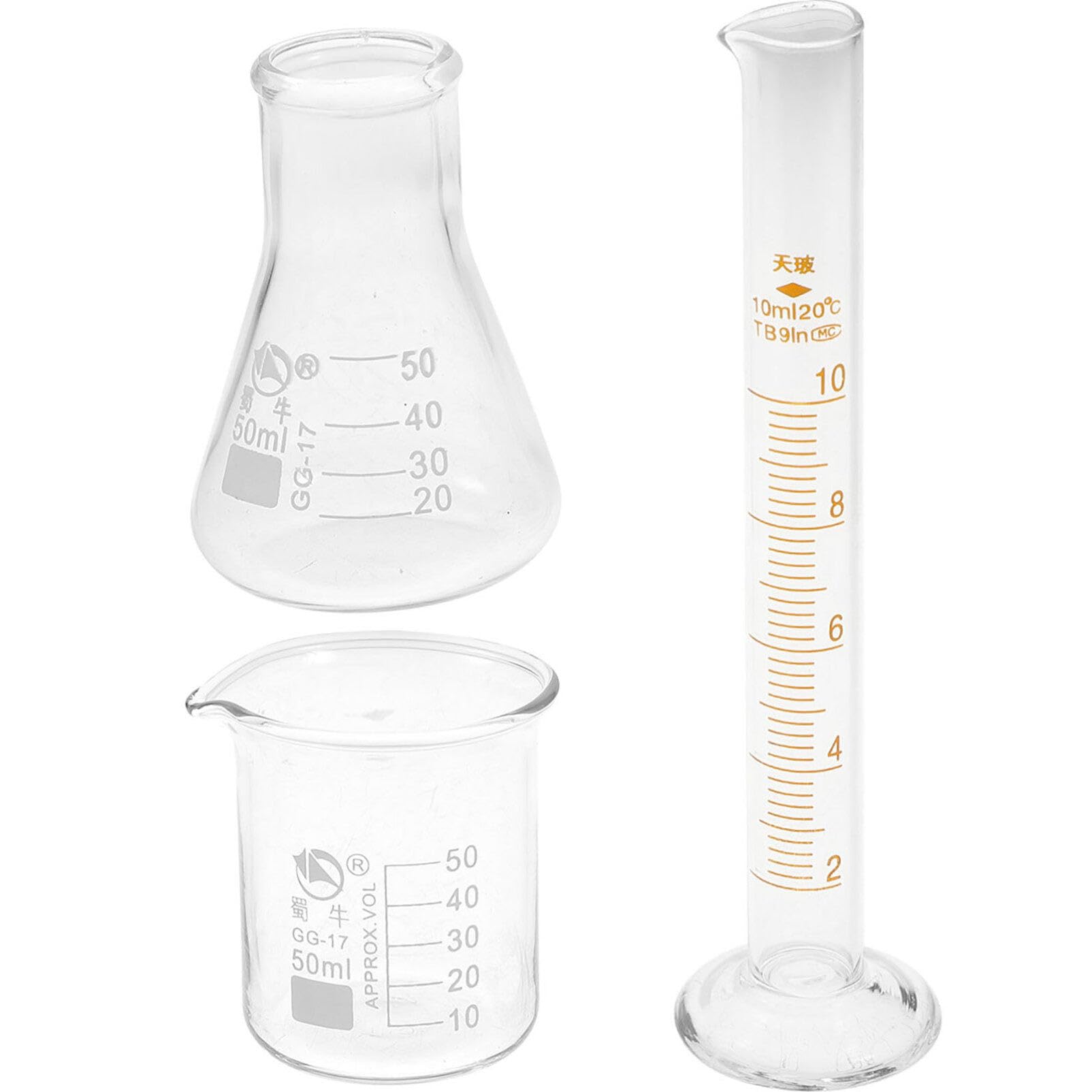 iplusmile 3pcs Lab Measuring Cylinder and Beakers Set 10ml Glass Lab Test Tube 50ml Glass Graduated Beakers Flask Measuring Cup Liquid Container Laboratory Supplies