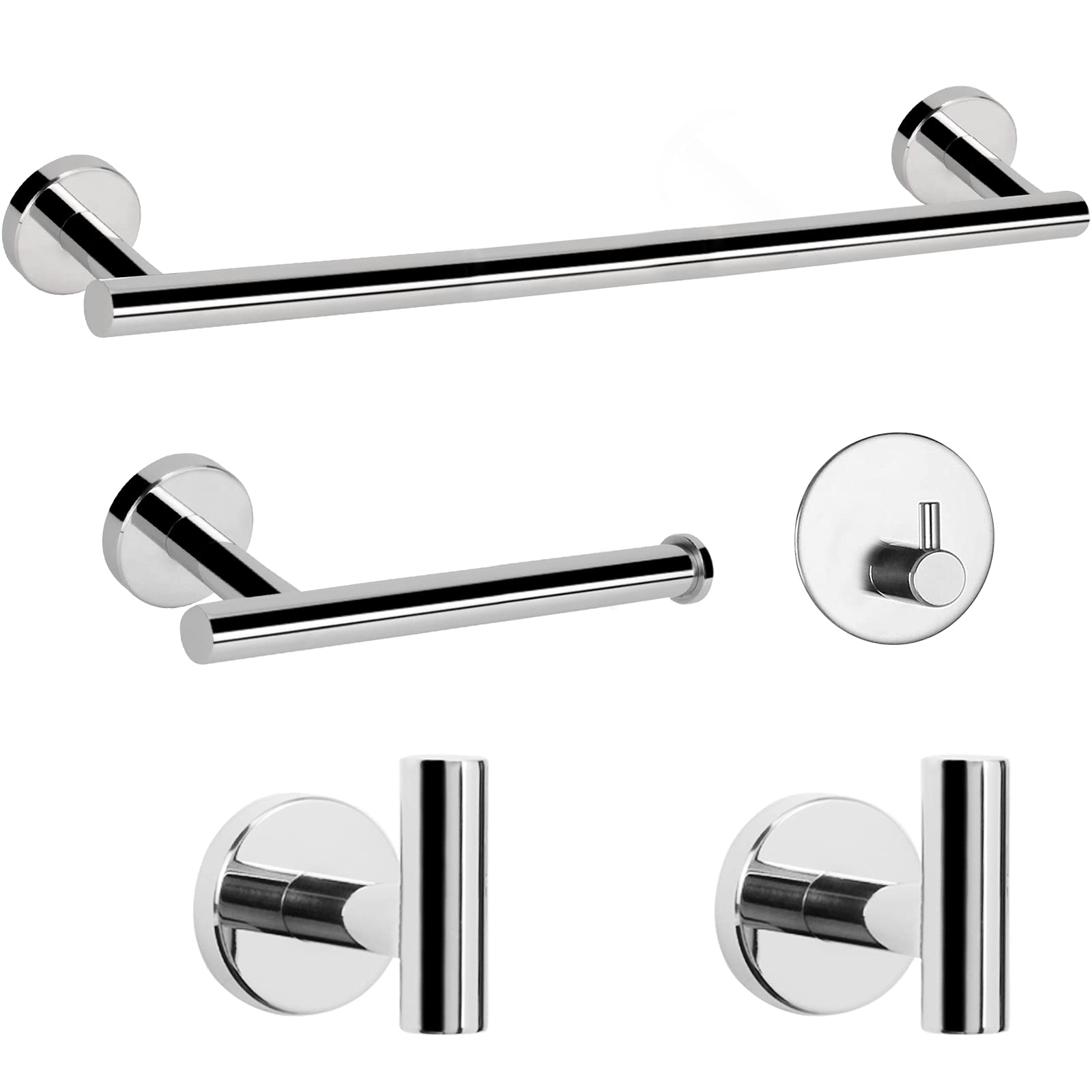 NearMoon 5 Pcs Bathroom Hardware Set SUS 304 Thicken Stainless Steel-Towel Bar Set Include 16" Towel Rod+Toilet Paper Holder+3 Multifunctional Hooks Bathroom Accessories (Chrome Finish)