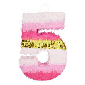 BLUE PANDA Number 5 Pinata, Pink and Gold Foil for Girls 5th Birthday Party Decorations (Small, 16.5 x 11.6 x 3 In)