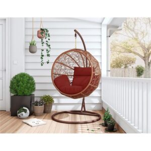 Manhattan Comfort Zolo Egg Patio Swing Chair with Removable Water-Repellent Cushion, All-Weather Metal & Wicker Rattan Hanging Lounge, for Indoor and Outdoor Use, Free-Standing Design, Red