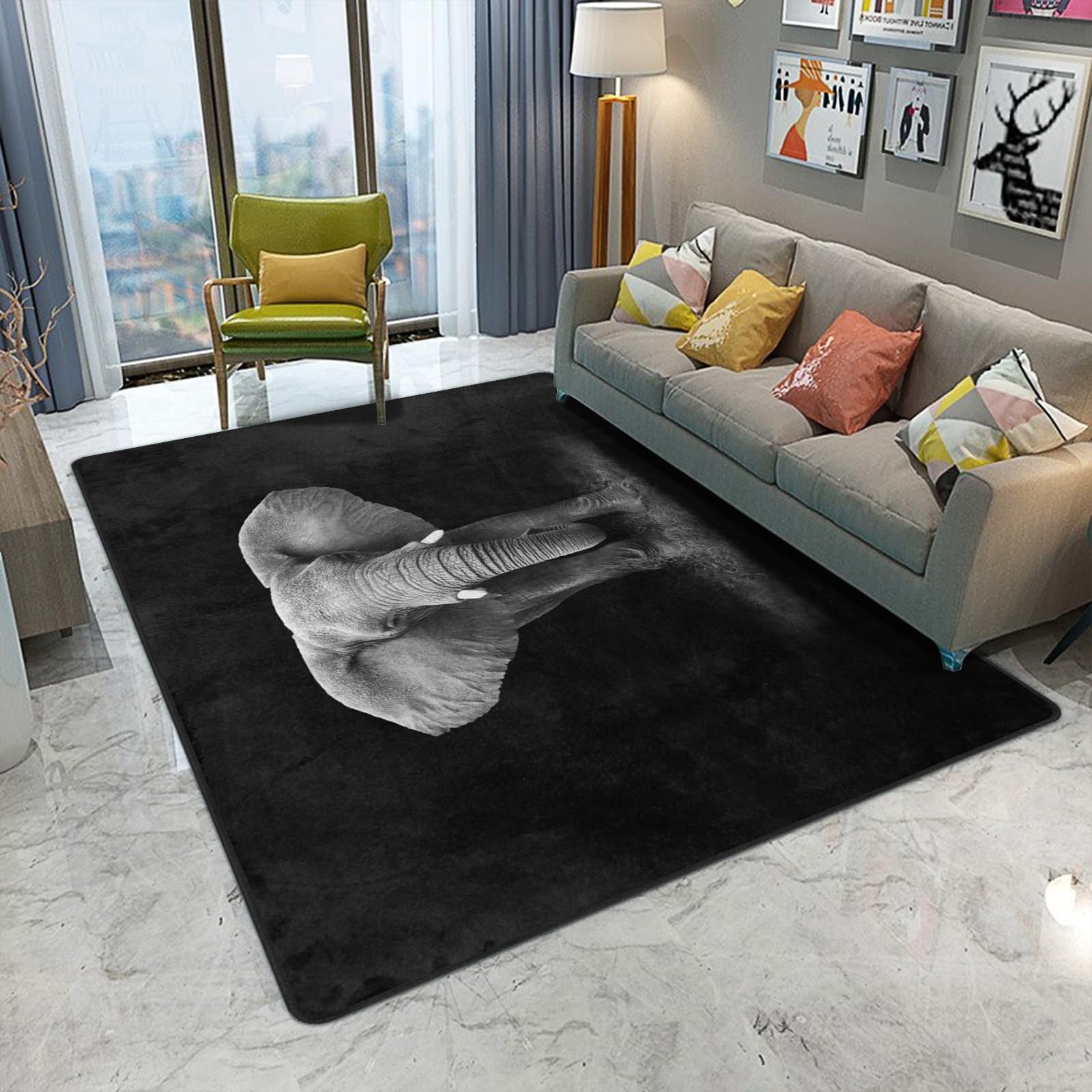 ALALAL African Elephant Area Rug, Animal Rug for Living Room, Durable Rug Carpet for Bedroom Home Decorative 5'x7' (80 X 58 in) Black/Grey