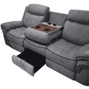 HABITRIO Reclining Sofa, Solid Wood Frame&Grey Velvet Upholstered 3-Seat Recliner Couch w/Back&Seat Cushion, Drop-Down Table w/USB Charging Dock, Middle Storage Drawer, Furniture for Living Room