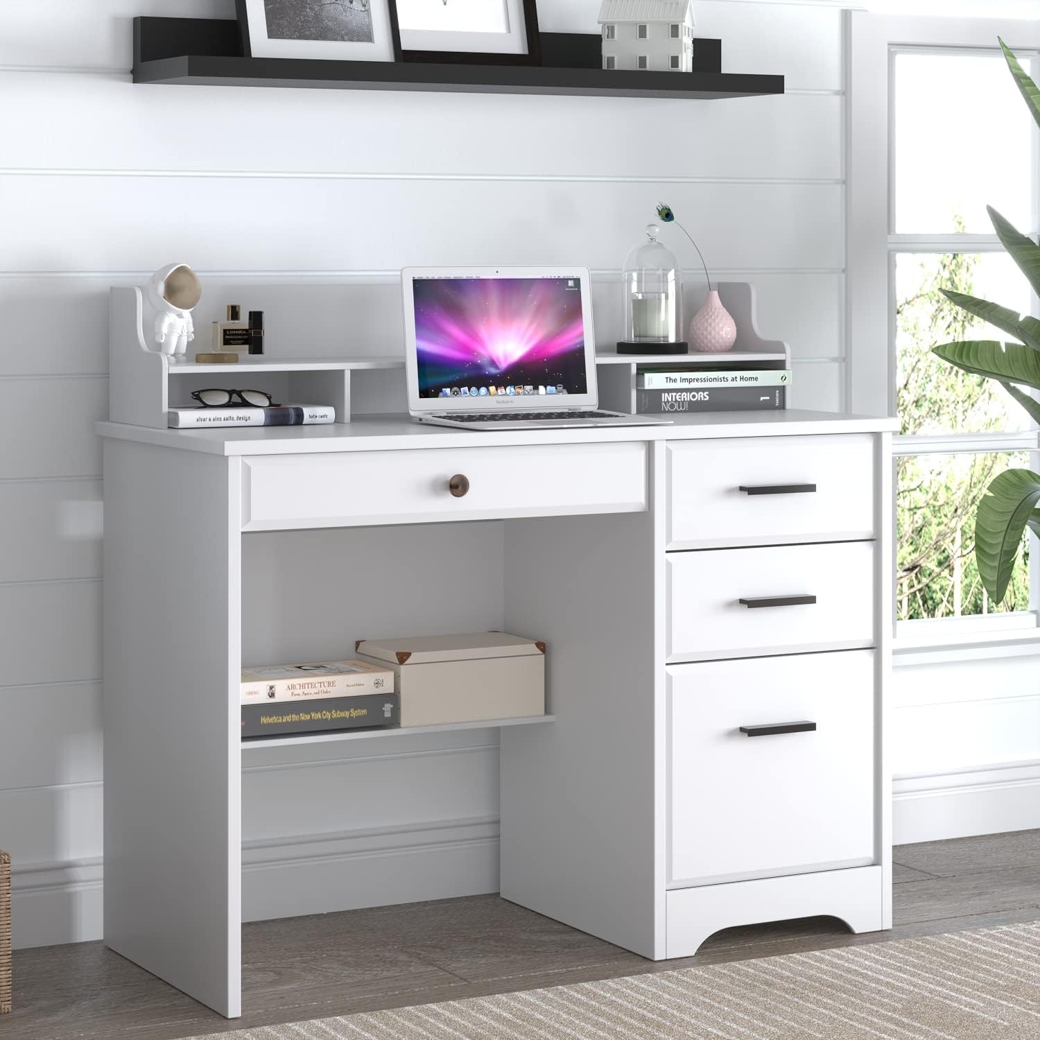 Catrimown Computer Desk with Storage Drawers and Hutch, 44 Inch Home Office Desks with 4 Drawers & Monitor Stand for Small Space, Small White Desk Writing Table Study Desks for Bedroom, White