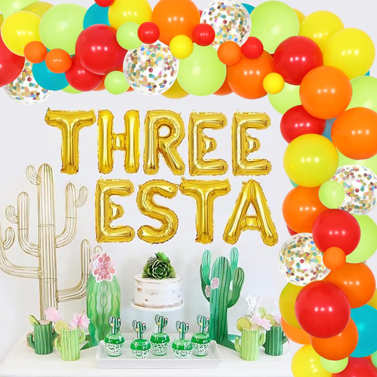 Fangleland Mexican Fiesta 3rd Birthday Decorations Three Esta Balloon Garland Kit for Taco 3rd Birthday Cinco De Mayo Cactus Theme Party Supplies