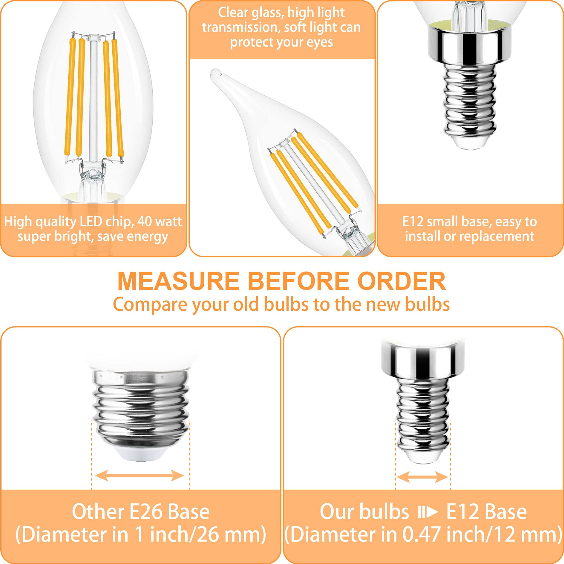 Sailstar E12 LED Candelabra Bulbs Dimmable, 60 Watt Equivalent 3000K Warm White Chandelier Light Bulbs, 4W Filament Candle LED Bulbs, Flame Tip, 500 Lumen, Pack of 6