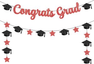 katchon, glitter congrats grad banner red and black - 10 feet | black and red graduation banner, grad cap garland for graduation decorations class of 2024 | red and black graduation decorations 2024