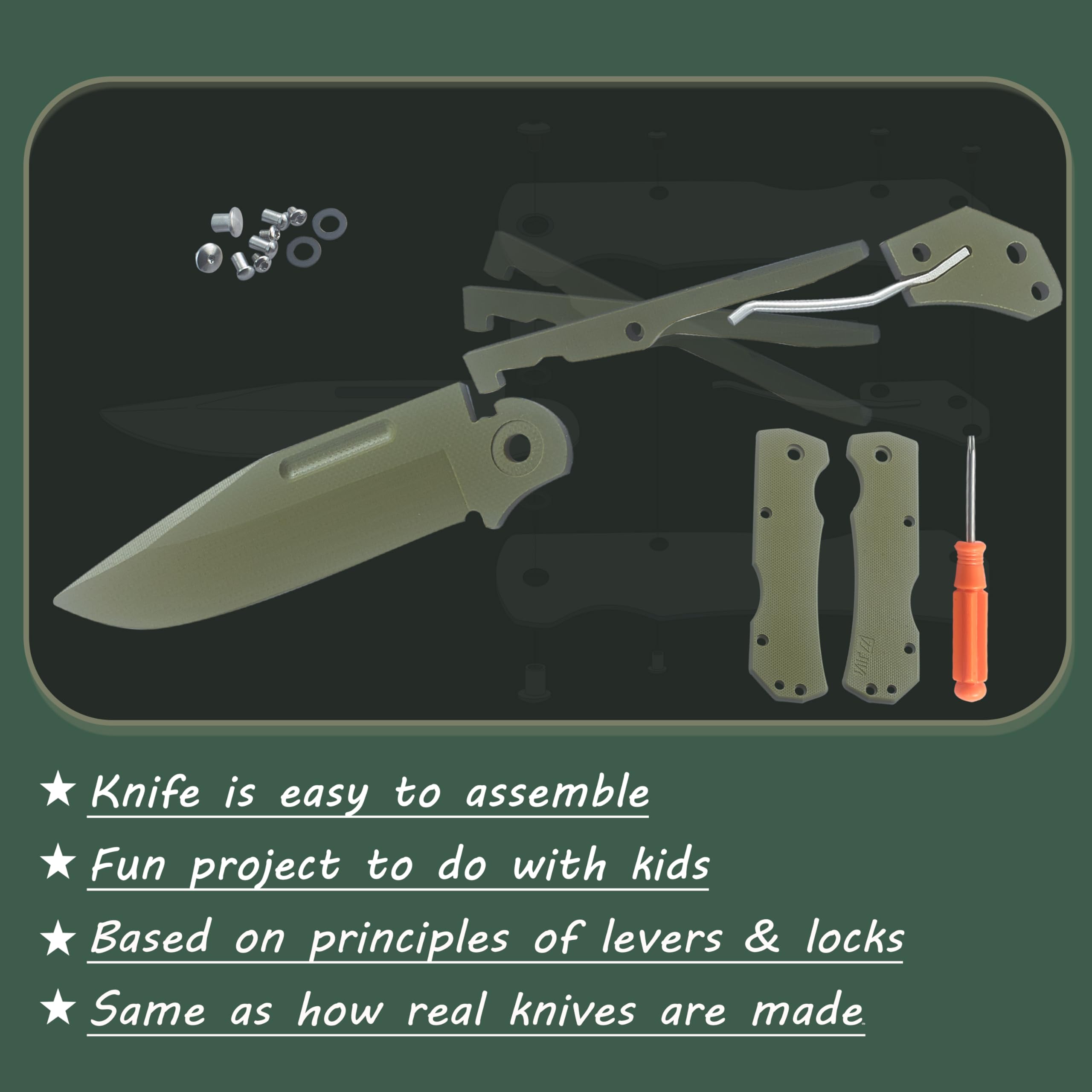 JIN Alpha G10 Kids Friendly Knife Toy Knives Fake DIY Knife Kit Dull Blade Safety Knife for Child, OD Green G10 Blade & Handle