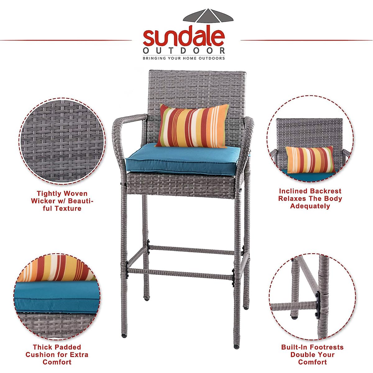 Sundale Outdoor Bar Stools Set of 2, 2 Piece Wicker Bar Stools Rattan Chairs, Patio Bar Chair with Arms, Cushion Blue, All-Weather Wicker Patio Furniture - Steel, Grey