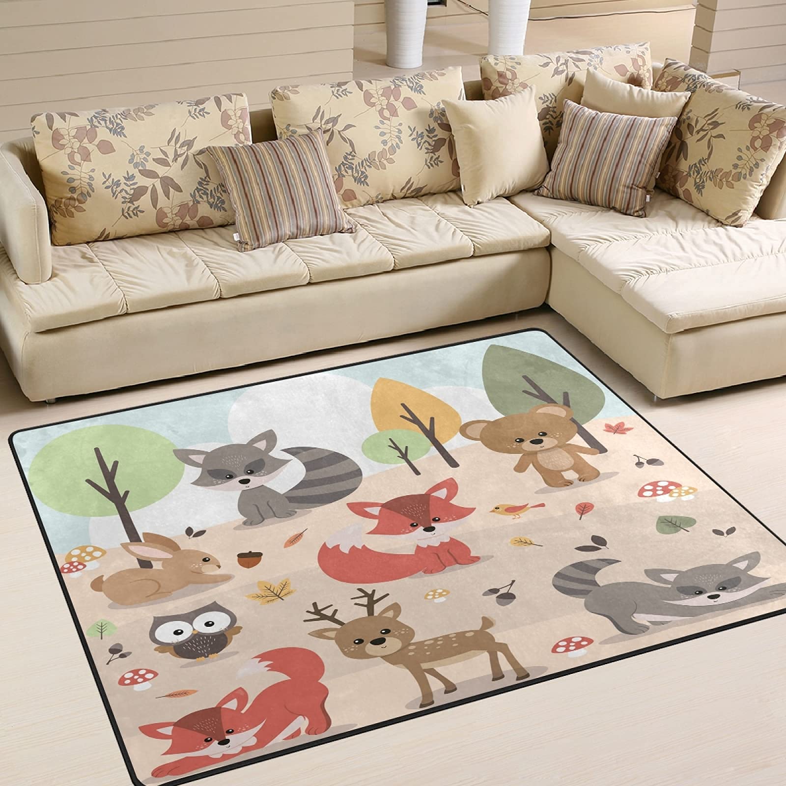 ALALAL Cartoon Forest Animals Area Rug, Cute Woodland Deer Rabbit Bear Fox Owl Bird Rugs for Nursery Children Kids Girls Room Playroom Living Room Home Decorative, ​5'x7' (80 X 58 in) Pink