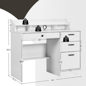 Catrimown Computer Desk with Storage Drawers and Hutch, 44 Inch Home Office Desks with 4 Drawers & Monitor Stand for Small Space, Small White Desk Writing Table Study Desks for Bedroom, White