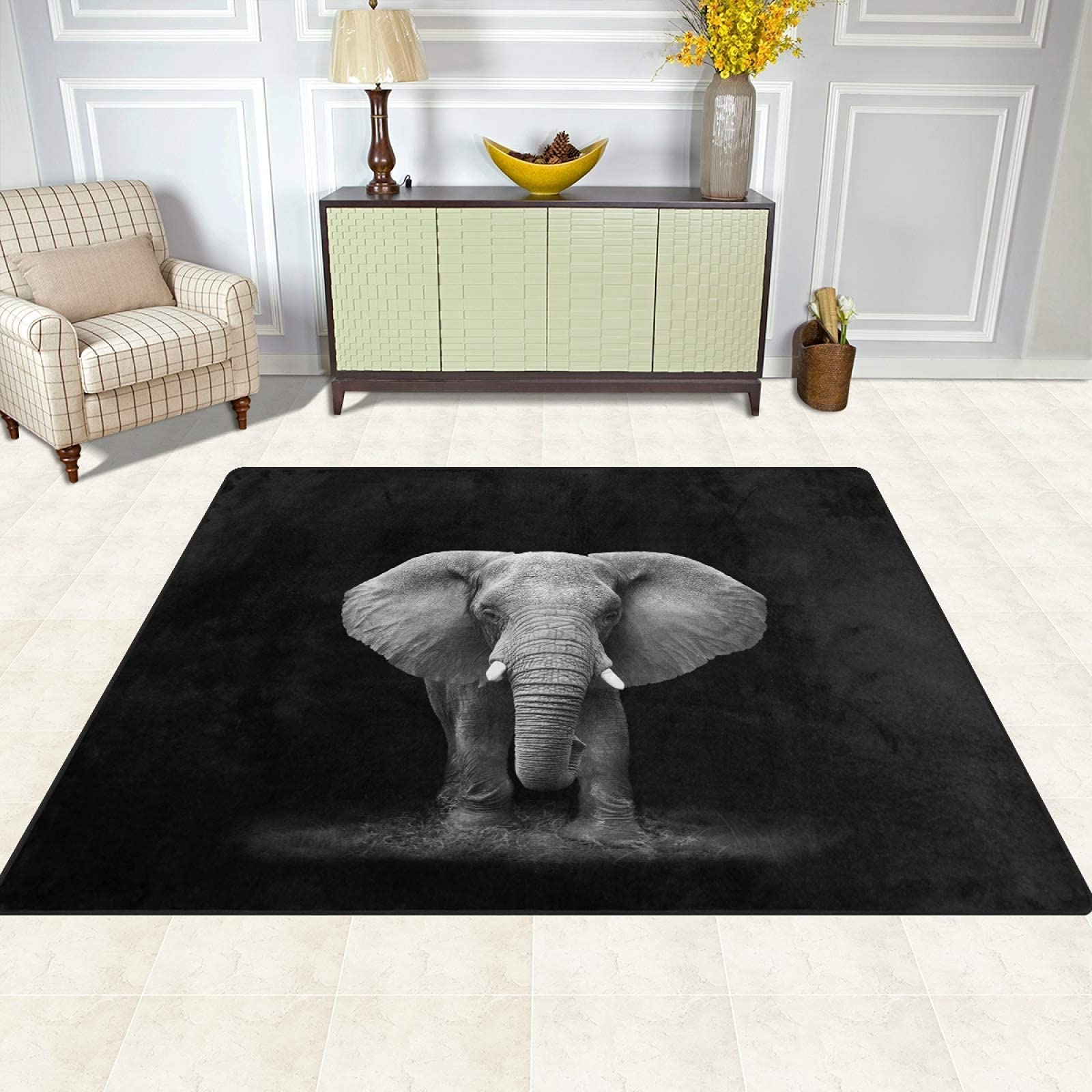 ALALAL African Elephant Area Rug, Animal Rug for Living Room, Durable Rug Carpet for Bedroom Home Decorative 5'x7' (80 X 58 in) Black/Grey