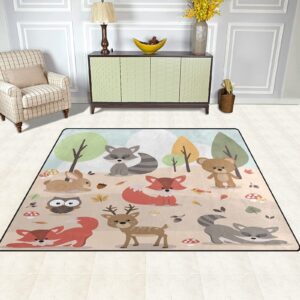 ALALAL Cartoon Forest Animals Area Rug, Cute Woodland Deer Rabbit Bear Fox Owl Bird Rugs for Nursery Children Kids Girls Room Playroom Living Room Home Decorative, ​5'x7' (80 X 58 in) Pink