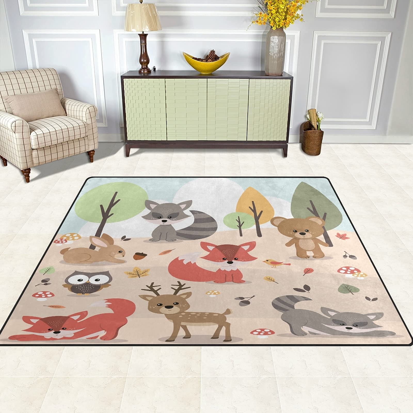 ALALAL Cartoon Forest Animals Area Rug, Cute Woodland Deer Rabbit Bear Fox Owl Bird Rugs for Nursery Children Kids Girls Room Playroom Living Room Home Decorative, ​5'x7' (80 X 58 in) Pink