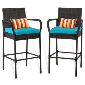 sundale outdoor bar stools set of 2, 2 piece wicker bar stools rattan chairs, patio bar chair with arms, cushion blue, all-weather wicker patio furniture - steel, grey