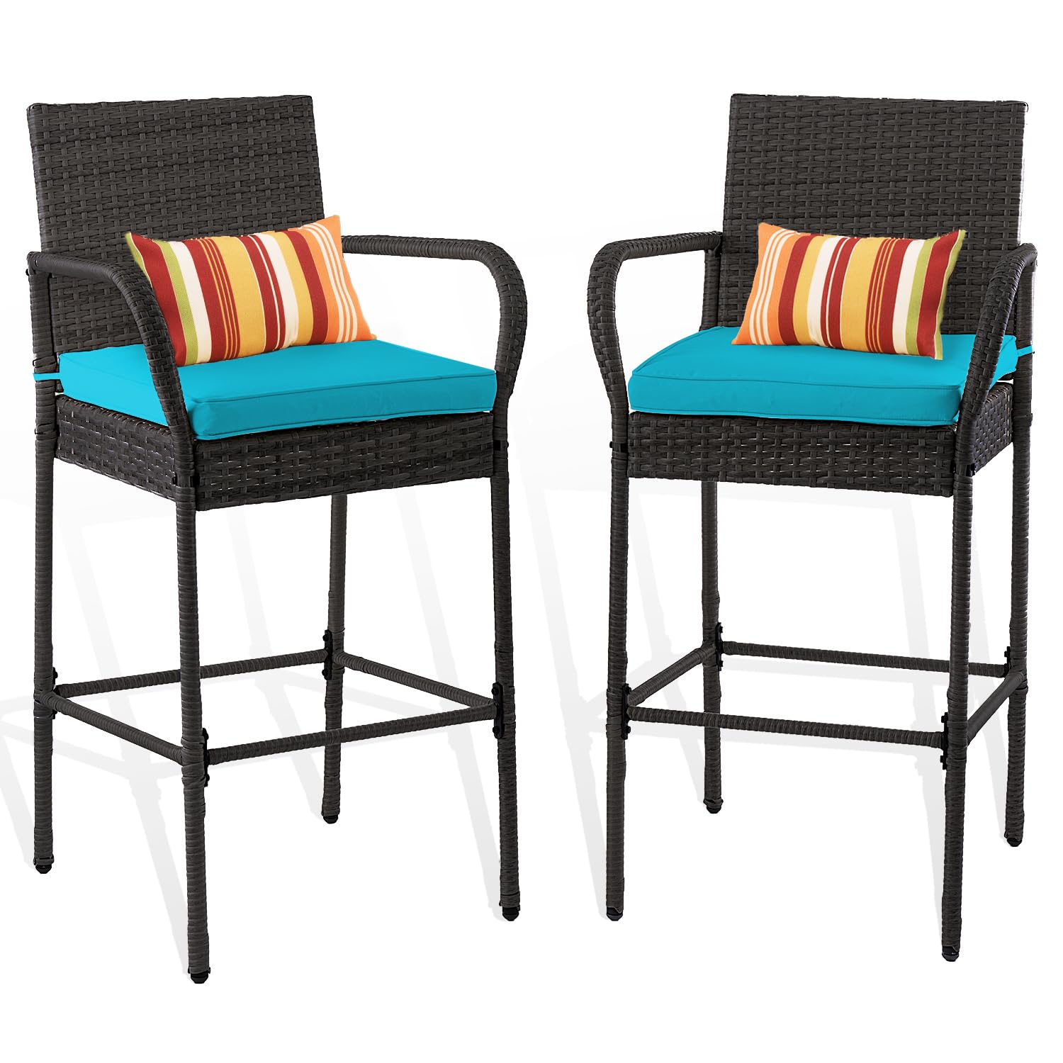 Sundale Outdoor Bar Stools Set of 2, 2 Piece Wicker Bar Stools Rattan Chairs, Patio Bar Chair with Arms, Cushion Blue, All-Weather Wicker Patio Furniture - Steel, Grey