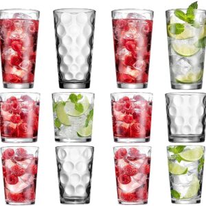 Set of 12 Elegant Everyday Stackable Drinking Glasses - Includes 4-17oz Highball Tumbler Glassware, 4-13oz DOF Rock Glasses, 4-7oz Juice Glasses for Mixed Drinks, Water, Beer, Wine.