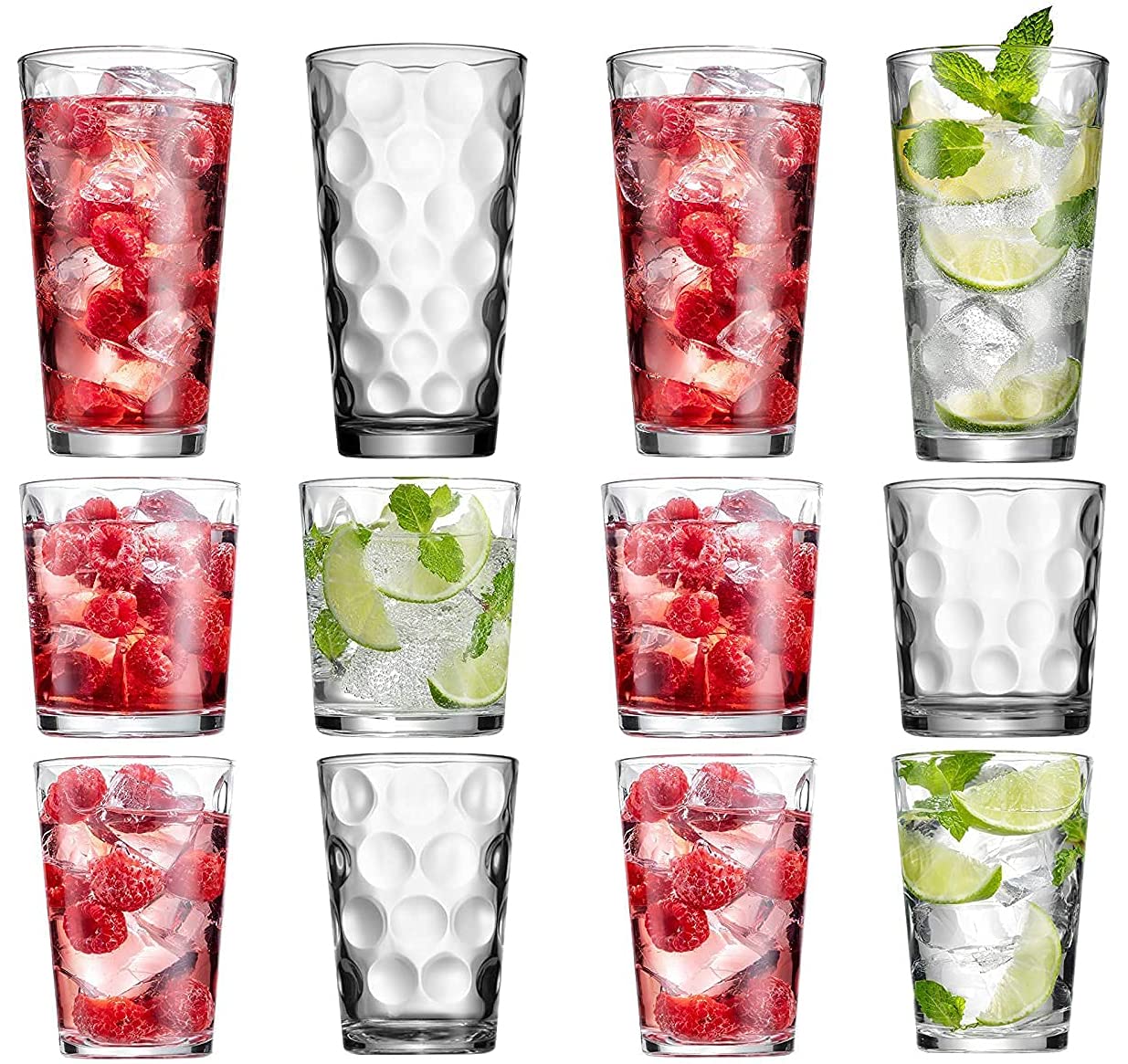 Set of 12 Elegant Everyday Stackable Drinking Glasses - Includes 4-17oz Highball Tumbler Glassware, 4-13oz DOF Rock Glasses, 4-7oz Juice Glasses for Mixed Drinks, Water, Beer, Wine.