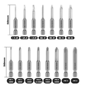 15 Piece Slotted Phillips Triangle Screwdriver Bit Set, 1/4 Inch Hex Shank S2 Steel Magnetic 2 Inch Long Drill Bits