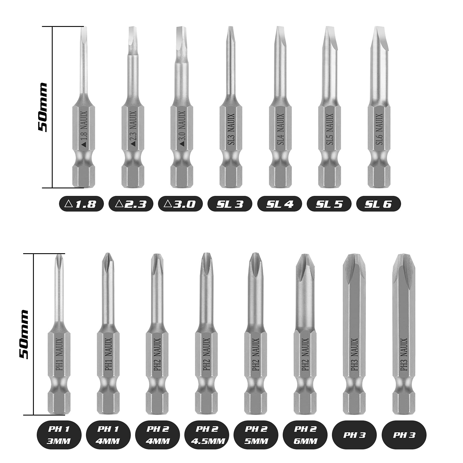 15 Piece Slotted Phillips Triangle Screwdriver Bit Set, 1/4 Inch Hex Shank S2 Steel Magnetic 2 Inch Long Drill Bits