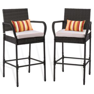 sundale outdoor bar stools set of 2, 2 piece wicker bar stools rattan chairs, patio bar chair with arms, cushion beige, all-weather wicker patio furniture - steel, charcoal dark gray