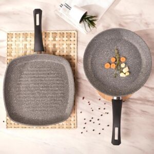 KARACA Gris Biogranite Grill Pan and Pan Set, 2 Pieces, 1 X Frying Pan 26 cm, 1 X Grill Pan 28 cm, Frying Pans, Crepe Pan Granite, Healthy Non-Stick Coating, 7X More Resisstant Against Scratches