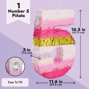 BLUE PANDA Number 5 Pinata, Pink and Gold Foil for Girls 5th Birthday Party Decorations (Small, 16.5 x 11.6 x 3 In)