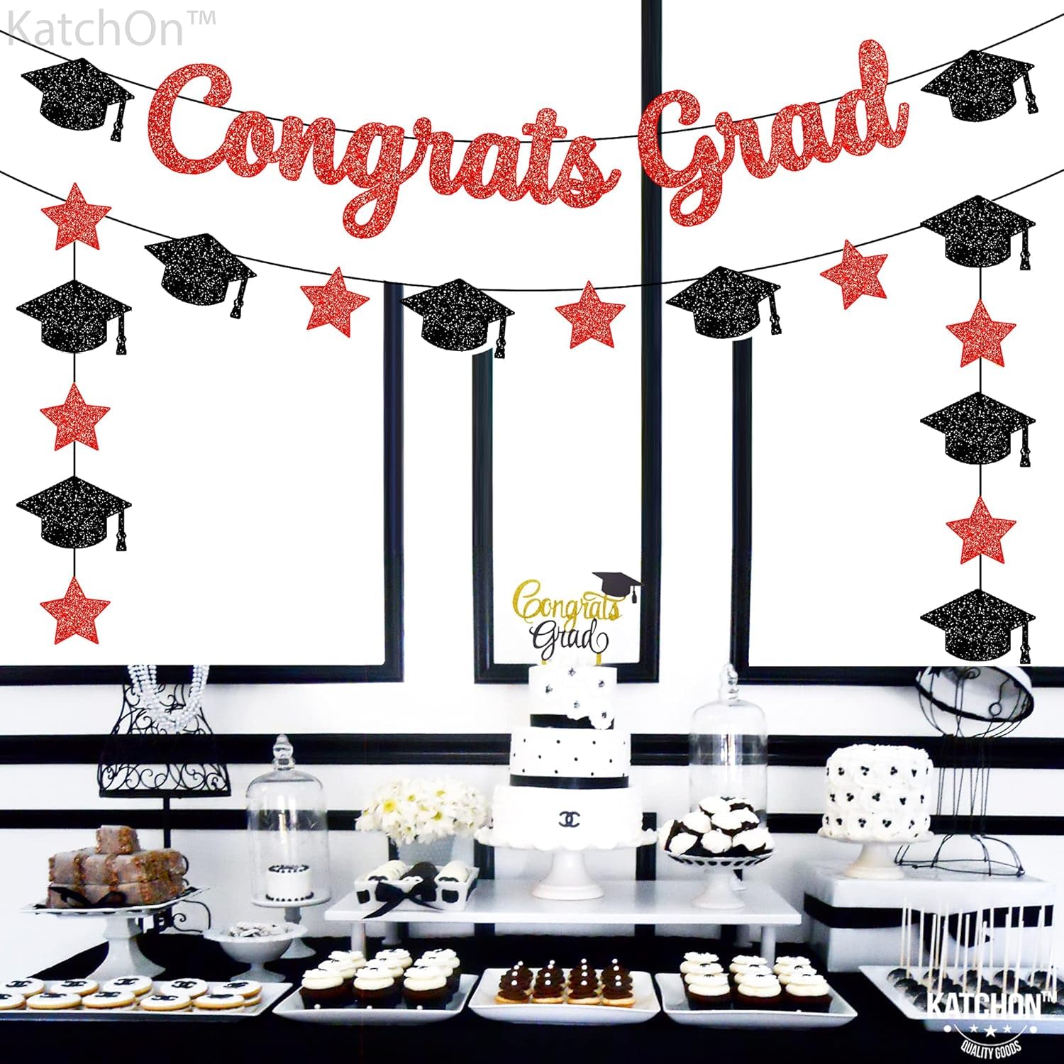 KatchOn, Glitter Congrats Grad Banner Red and Black - 10 Feet | Black and Red Graduation Banner, Grad Cap Garland for Graduation Decorations Class of 2024 | Red and Black Graduation Decorations 2024