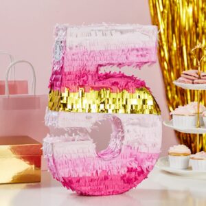 BLUE PANDA Number 5 Pinata, Pink and Gold Foil for Girls 5th Birthday Party Decorations (Small, 16.5 x 11.6 x 3 In)