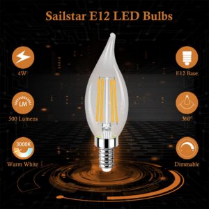 Sailstar E12 LED Candelabra Bulbs Dimmable, 60 Watt Equivalent 3000K Warm White Chandelier Light Bulbs, 4W Filament Candle LED Bulbs, Flame Tip, 500 Lumen, Pack of 6