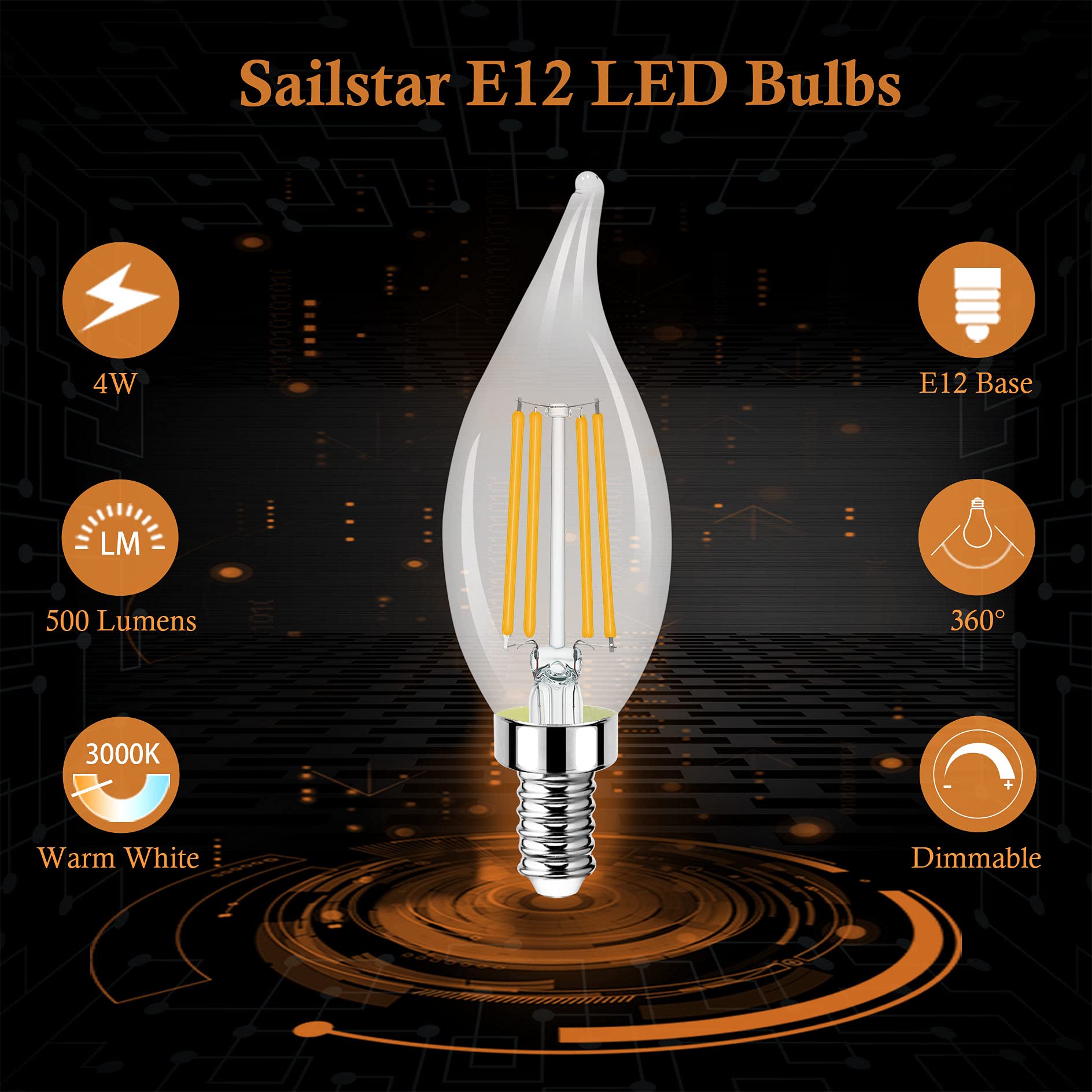 Sailstar E12 LED Candelabra Bulbs Dimmable, 60 Watt Equivalent 3000K Warm White Chandelier Light Bulbs, 4W Filament Candle LED Bulbs, Flame Tip, 500 Lumen, Pack of 6