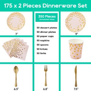 Pink and Gold Party Supplies - 350 PCS Disposable Dinnerware Set - Pink Paper Plates Napkins Cups, Gold Plastic Forks Knives Spoon for Graduation, Birthday, Cocktail Party