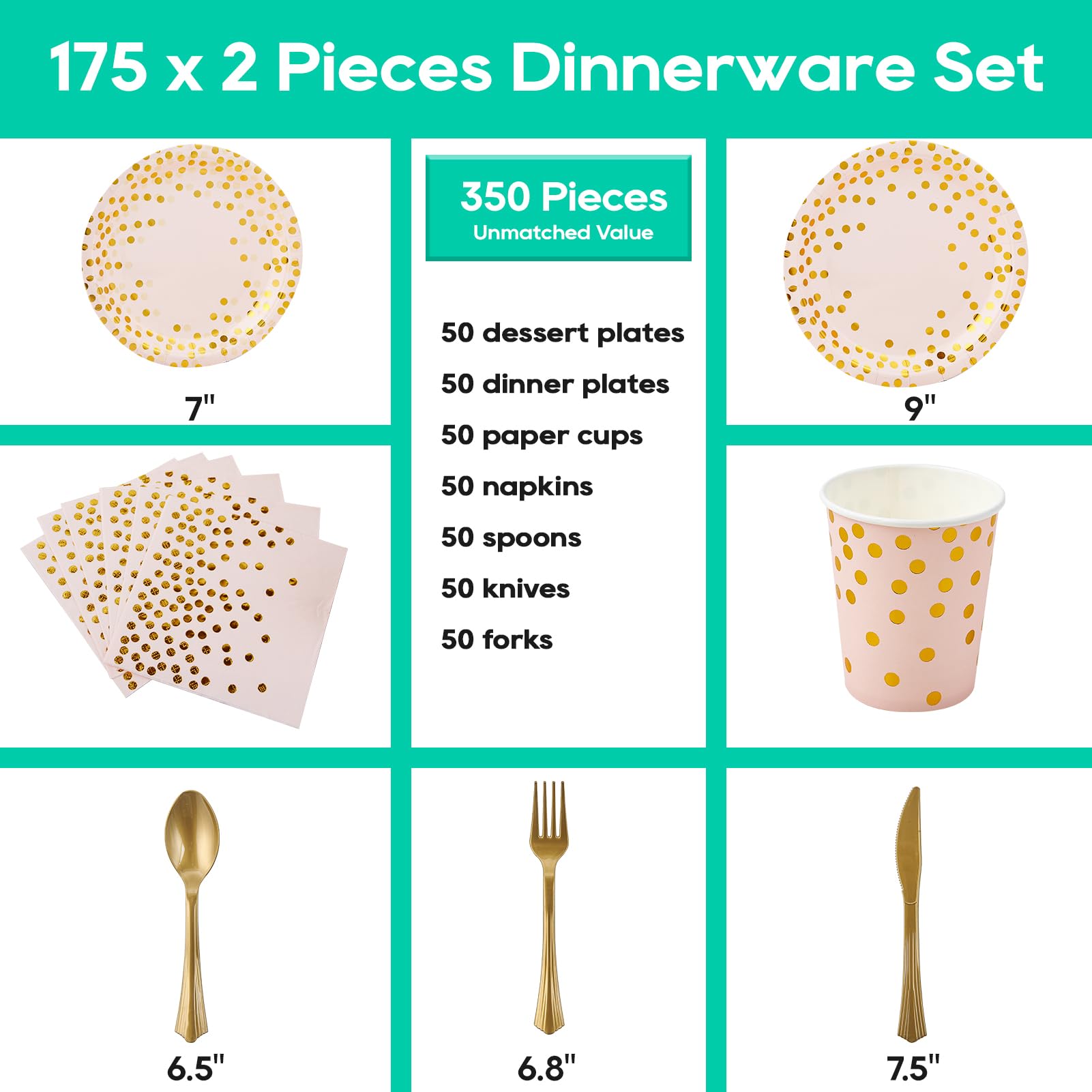 Pink and Gold Party Supplies - 350 PCS Disposable Dinnerware Set - Pink Paper Plates Napkins Cups, Gold Plastic Forks Knives Spoon for Graduation, Birthday, Cocktail Party