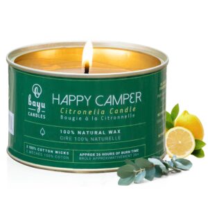 happy camper 12 oz citronella candle, all natural with beeswax and coconut oil, camping essentials and bug spray alternative, citronella candles outdoor decor, 26 hour burn time