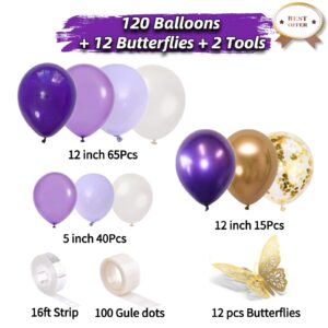 132 Pcs Purple Balloon Garland Kit, Purple Latex Balloons, Purple Balloon Arch Kit Purple And Gold With Gold Butterflies for Wedding Baby Shower Birthday Party Anniversary (Purple White)