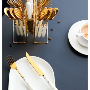 24-Piece Gilded Stainless Steel Flatware Set,Kitchen Utensil Tableware Cutlery Set Service for 6, Steak Cutlery Set for Home and Restaurant (White)…