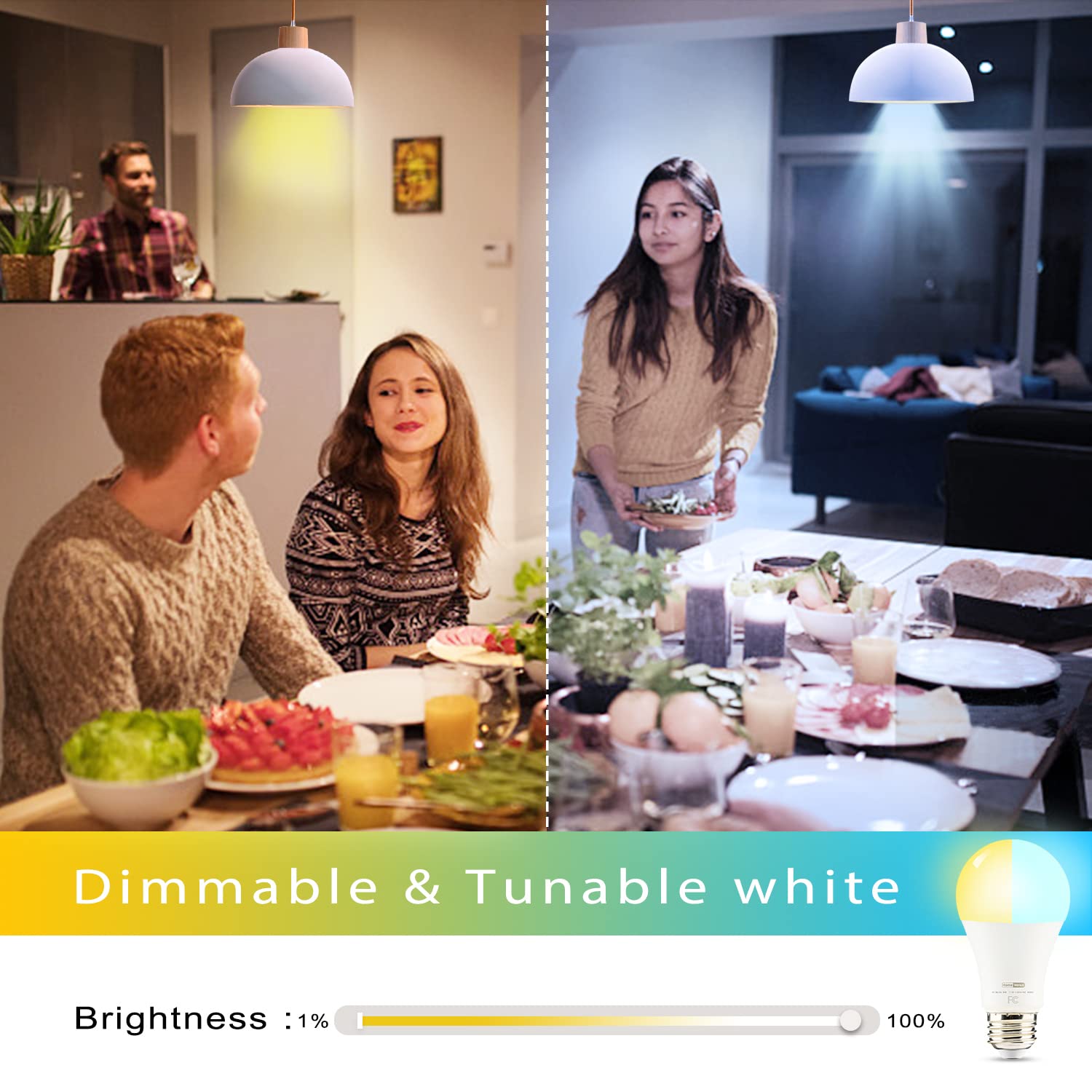 Homevenus HVS Smart Light Bulbs,9W A19 E26 Dimmable Tunable Cool Warm White LED Light Bulb 2500k-6500k, APP Control 2.4GHz WiFi Bluetooth Assist Connection, Work with Alexa/Google Assistant 4 Pack