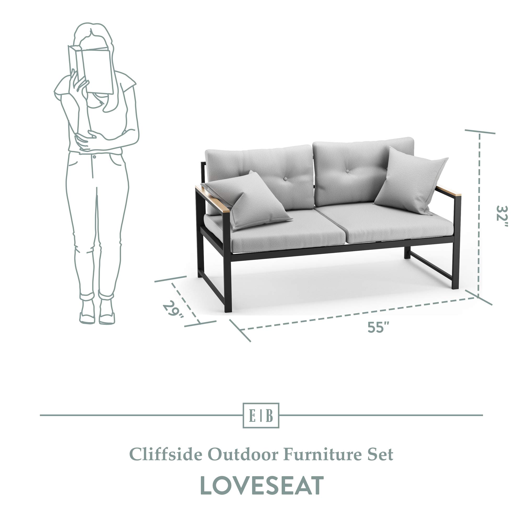 Edenbrook Cliffside Metal Patio Furniture - Mix and Match Modern Outdoor Furniture Pieces, Metal Loveseat with Cushions