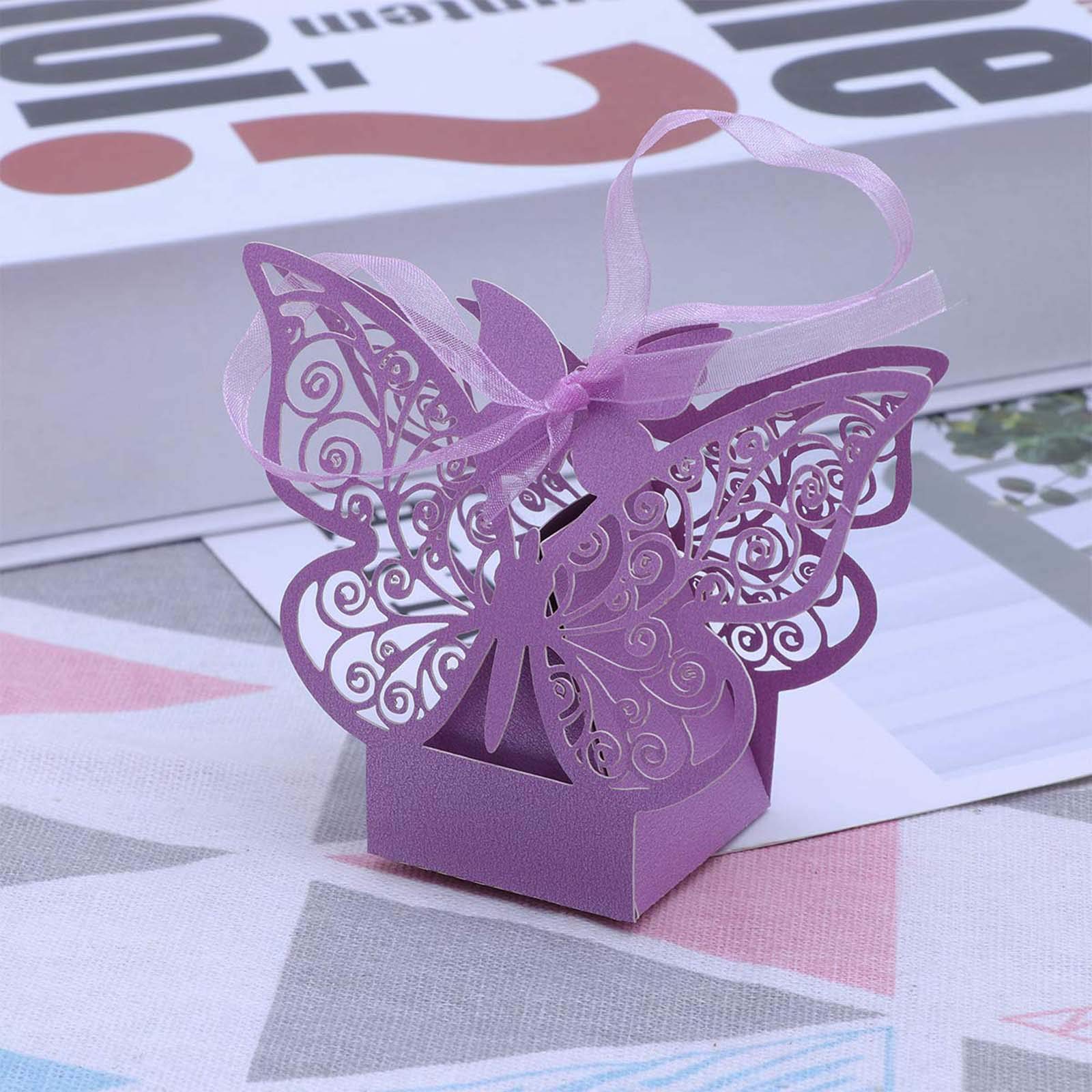 JANOU 24pcs Butterfly Candy Boxes Laser Cut DIY Paper Box with Ribbons for Wedding Bridal Birthday Baby Shower Party Suppliers (Purple)