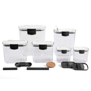 progressive prokeeper baker's airtight kitchen storage canister container set for flour, sugar & more, keeps ingredients fresh, with accessories (black latches, 6- piece)