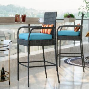 Sundale Outdoor Bar Stools Set of 2, 2 Piece Wicker Bar Stools Rattan Chairs, Patio Bar Chair with Arms, Cushion Blue, All-Weather Wicker Patio Furniture - Steel, Grey