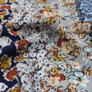 navy denim floral design printed 55" light-weight rayon challis fabric by the yard