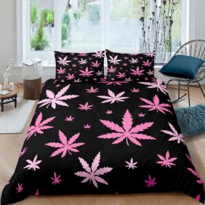 feelyou marijuana leaves bedding set pink cannabis leaves duvet cover for kids boys girls botanical hemp comforter cover luxury black girly decor bedspread cover room decor 3pcs queen size,zipper