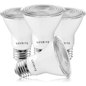 luxrite 4 pack par20 led bulbs, 50w equivalent, 2700k warm white, dimmable led spotlight bulb, indoor outdoor, 7w, 500 lumens, wet rated, e26 standard base, ul listed