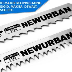 NEWURBAN 5 Pack Stainless Steel Reciprocating Saw Blades 5TPI 9 in (228mm) - 3 pcs / 3TPI 12 in (300mm) - 2 pcs for Frozen Meat Bone Food Cutting - Bonesaw Blade