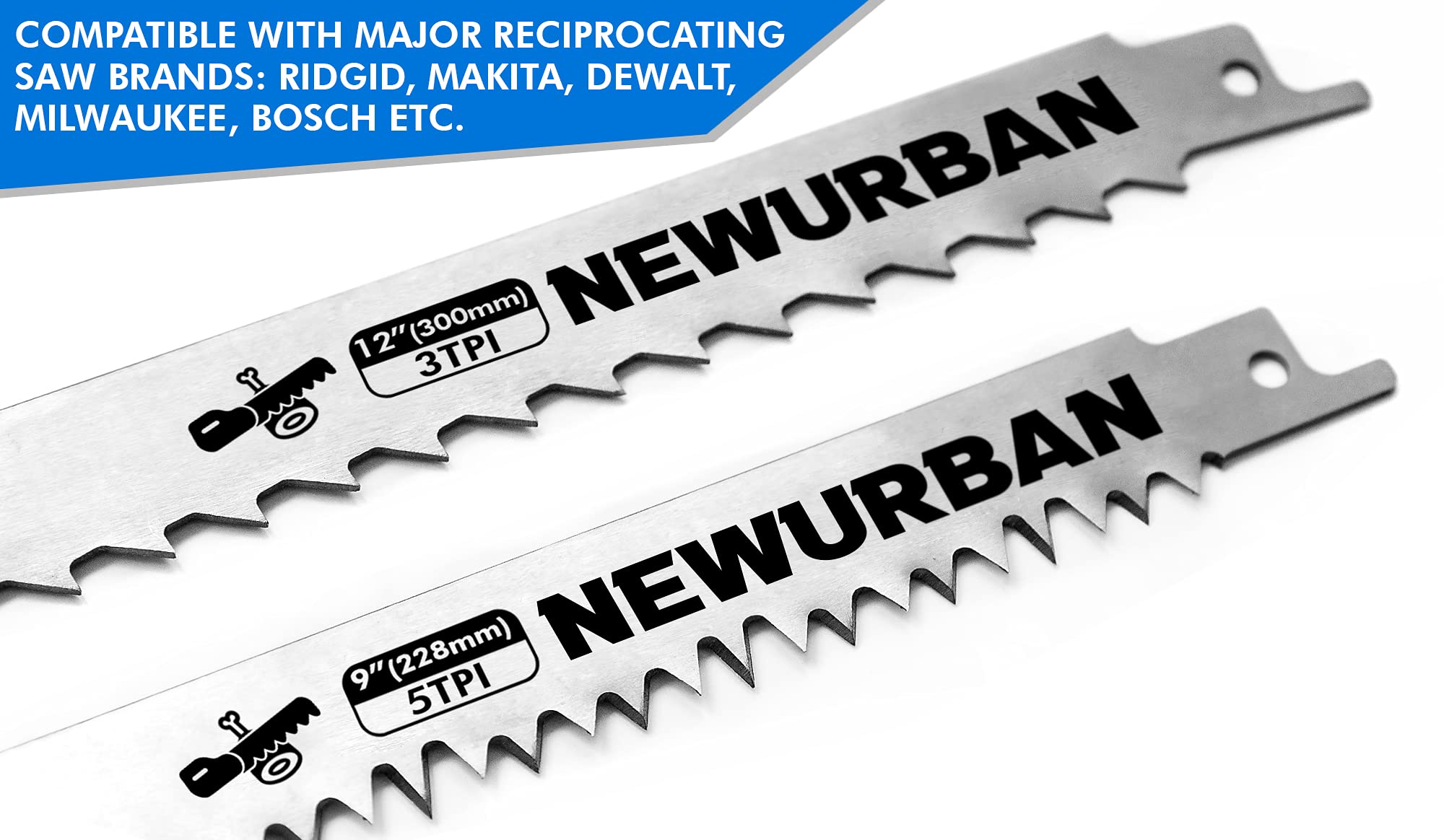 NEWURBAN 5 Pack Stainless Steel Reciprocating Saw Blades 5TPI 9 in (228mm) - 3 pcs / 3TPI 12 in (300mm) - 2 pcs for Frozen Meat Bone Food Cutting - Bonesaw Blade