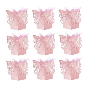 janou 24pcs butterfly candy boxes laser cut diy paper box with ribbons for wedding bridal birthday baby shower party suppliers (pink)