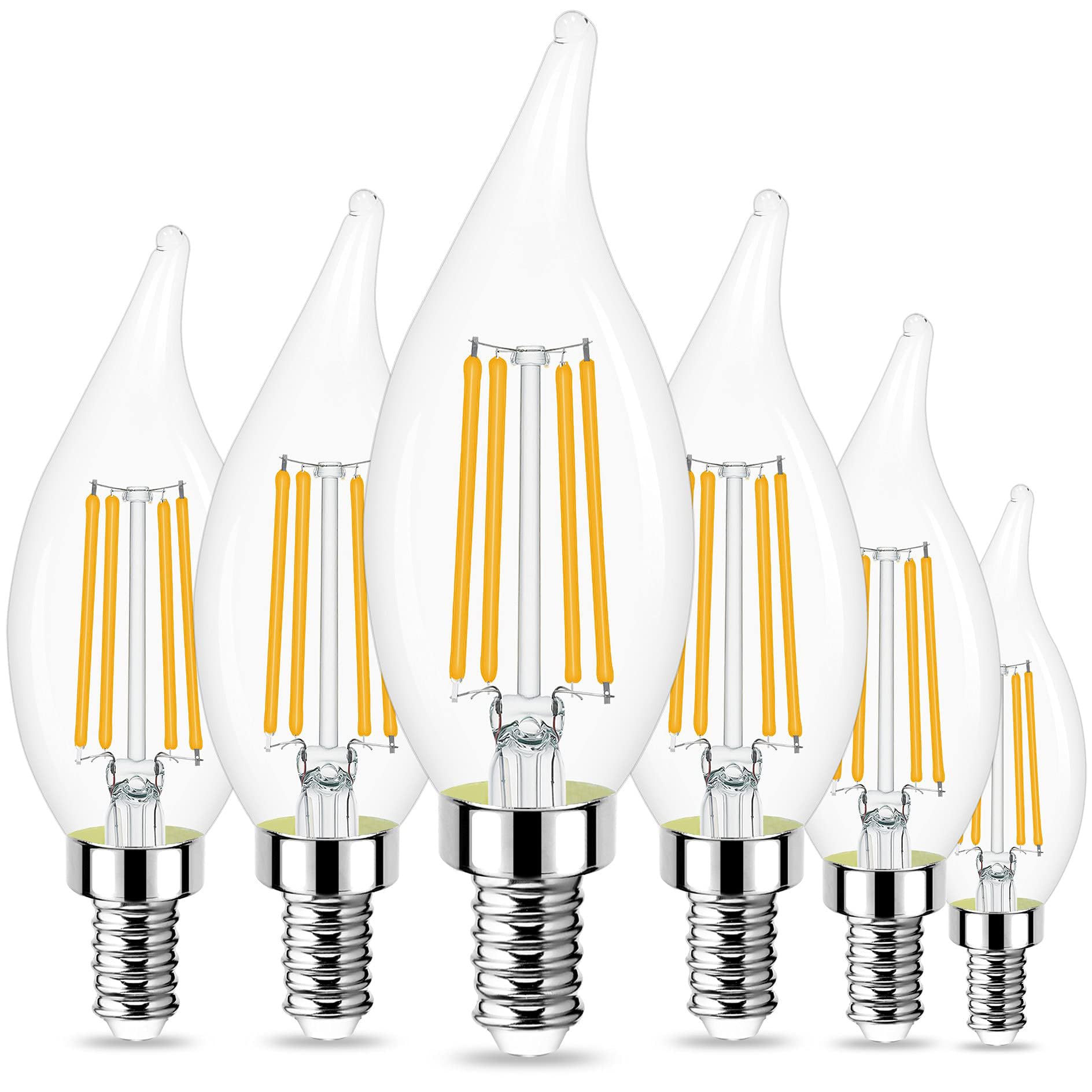 Sailstar E12 LED Candelabra Bulbs Dimmable, 60 Watt Equivalent 3000K Warm White Chandelier Light Bulbs, 4W Filament Candle LED Bulbs, Flame Tip, 500 Lumen, Pack of 6