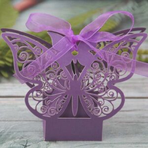 JANOU 24pcs Butterfly Candy Boxes Laser Cut DIY Paper Box with Ribbons for Wedding Bridal Birthday Baby Shower Party Suppliers (Purple)