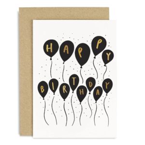 old english co. happy birthday card - a6 gold balloons | perfect for friends or family members | happy & funny adult occasion cards | suitable for men & women | blank inside & envelope included